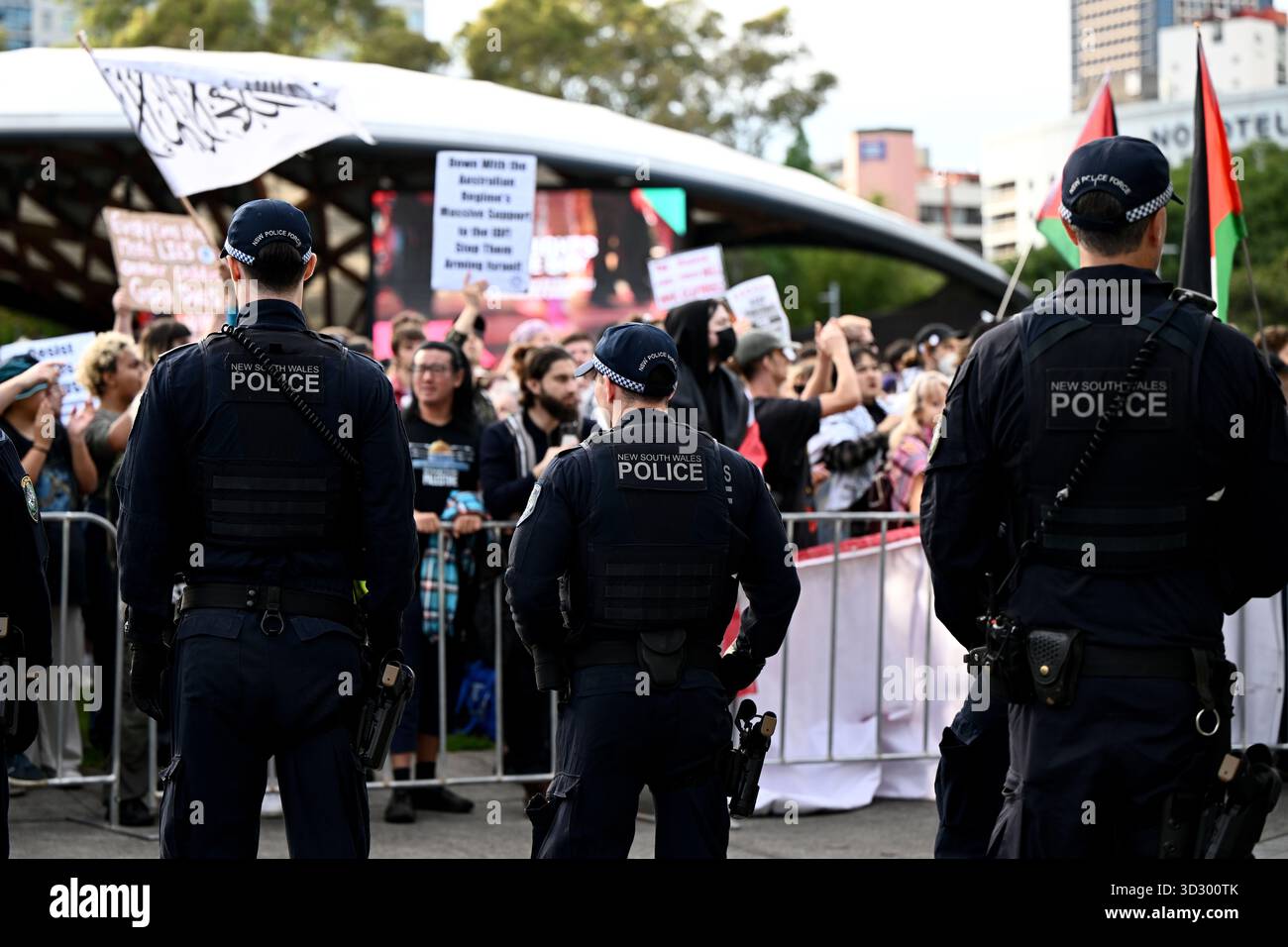 NSW Police are seen as protesters hold placards during an attempted ...