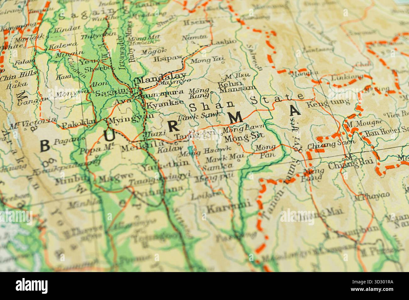 Close-up of an old map section with BurmaMyanmar label, showcasing ...