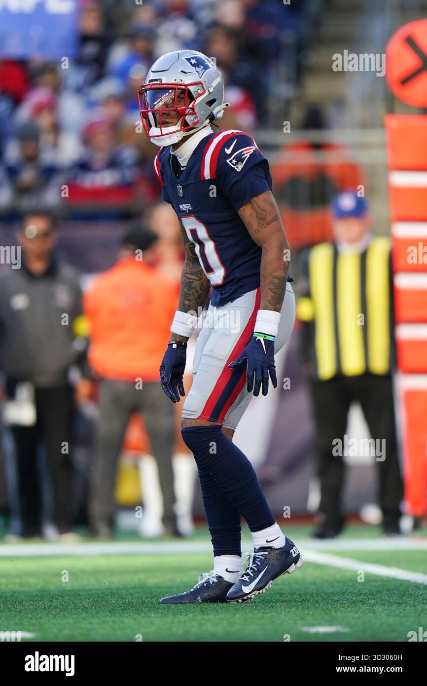 New England cornerback Christian Gonzalez (0) during an NFL football ...