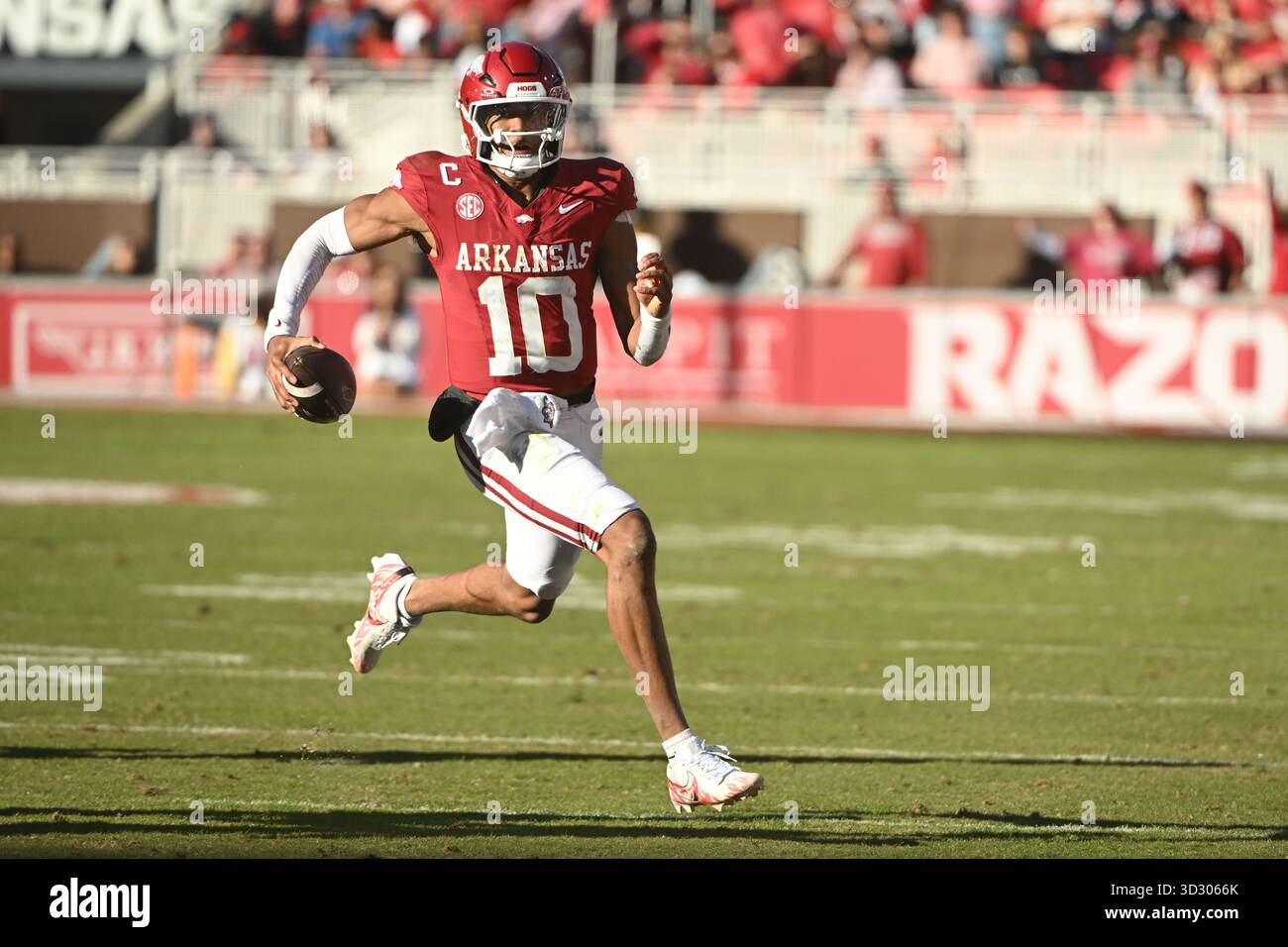 Arkansas quarterback Taylen Green (10) runs the ball against ...