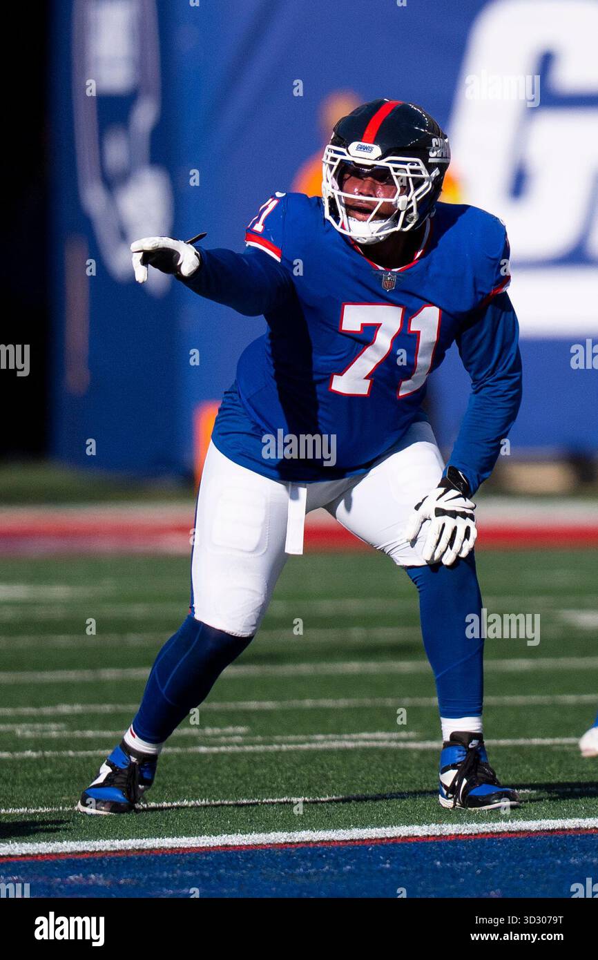 New York Giants offensive lineman Marcus Mbow (71) reacts during an NFL ...