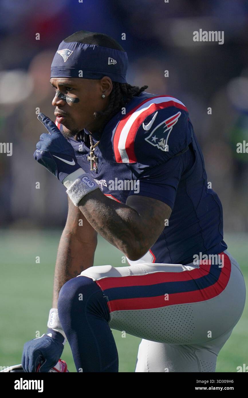 New England Patriots wide receiver Demario Douglas (3) before an NFL ...