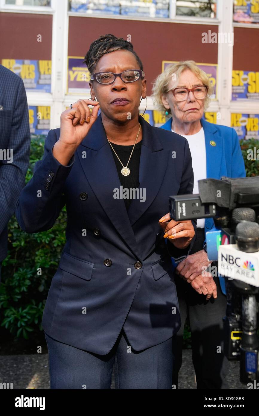 Rep. Lateefah Simon, D-Calif., speaks to reporters after a campaign ...