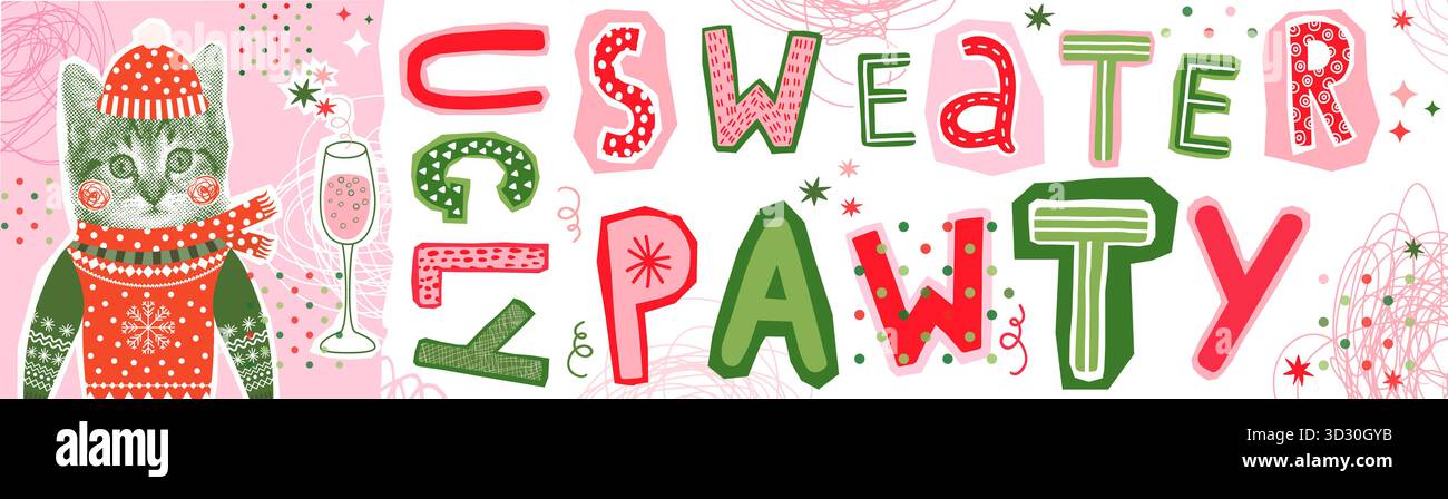 Funny Ugly Sweater Party written as Pawty - Halftone Collage Style ...