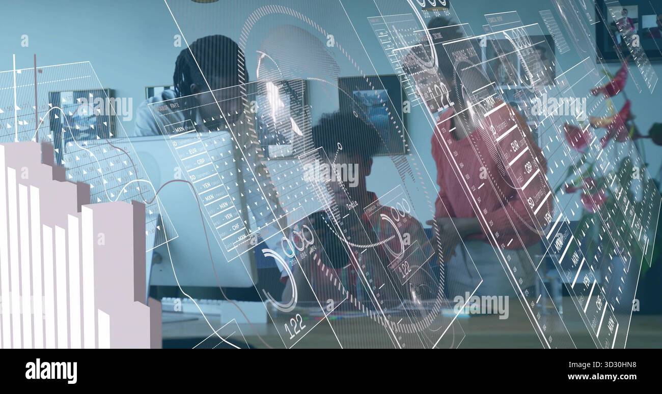 Analyzing dashboards, three professionals working in office, with ...