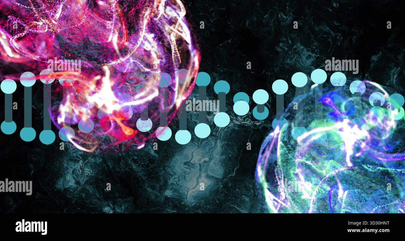 Displaying two glowing molecular spheres linking with stylized DNA ...