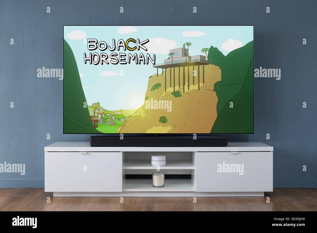 A widescreen OLED television showing the intro scene to the TV series ...