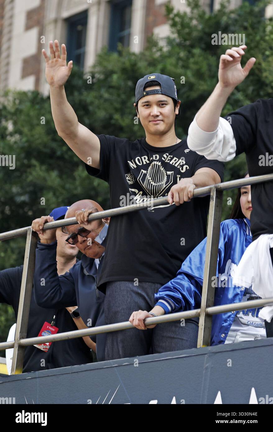 Los Angeles Dodgers two-way player Shohei Ohtani waves to fans from an ...