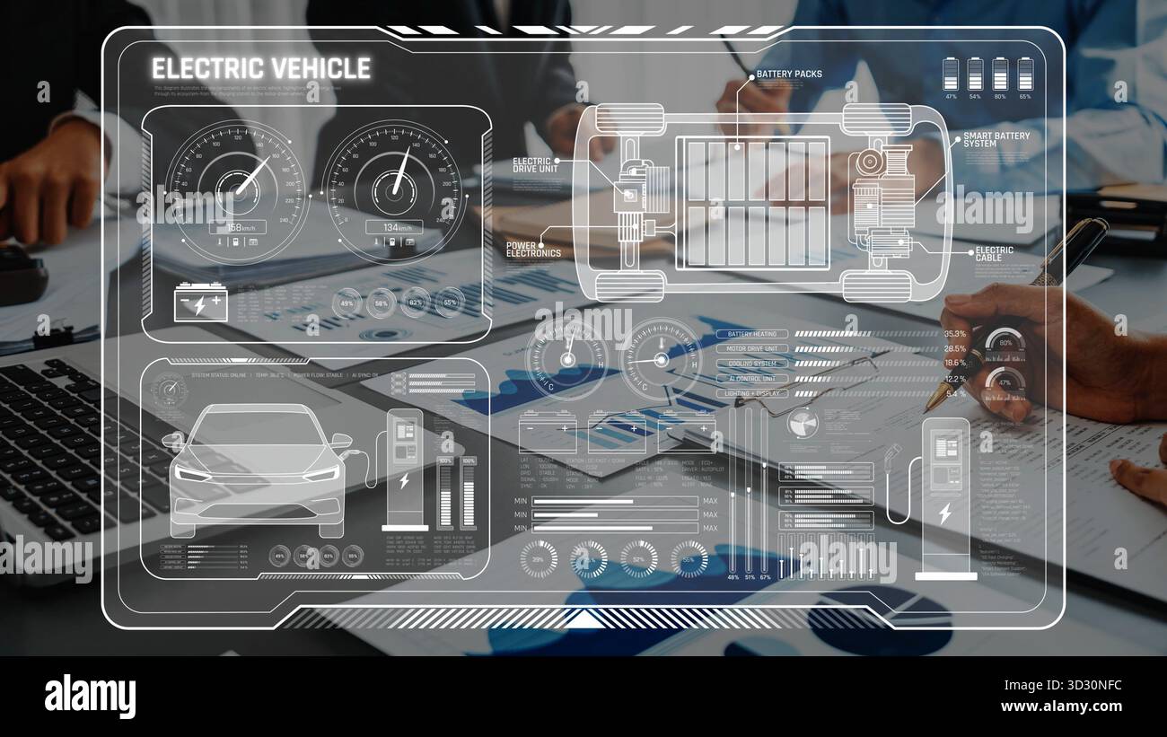 A modern workspace features an innovative electric vehicle interface ...