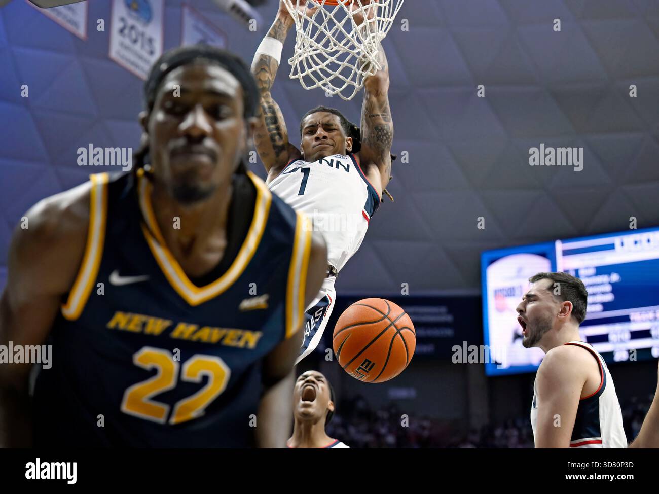 UConn guard Solo Ball (1) reacts toward New Haven guard Maison Adeleye ...