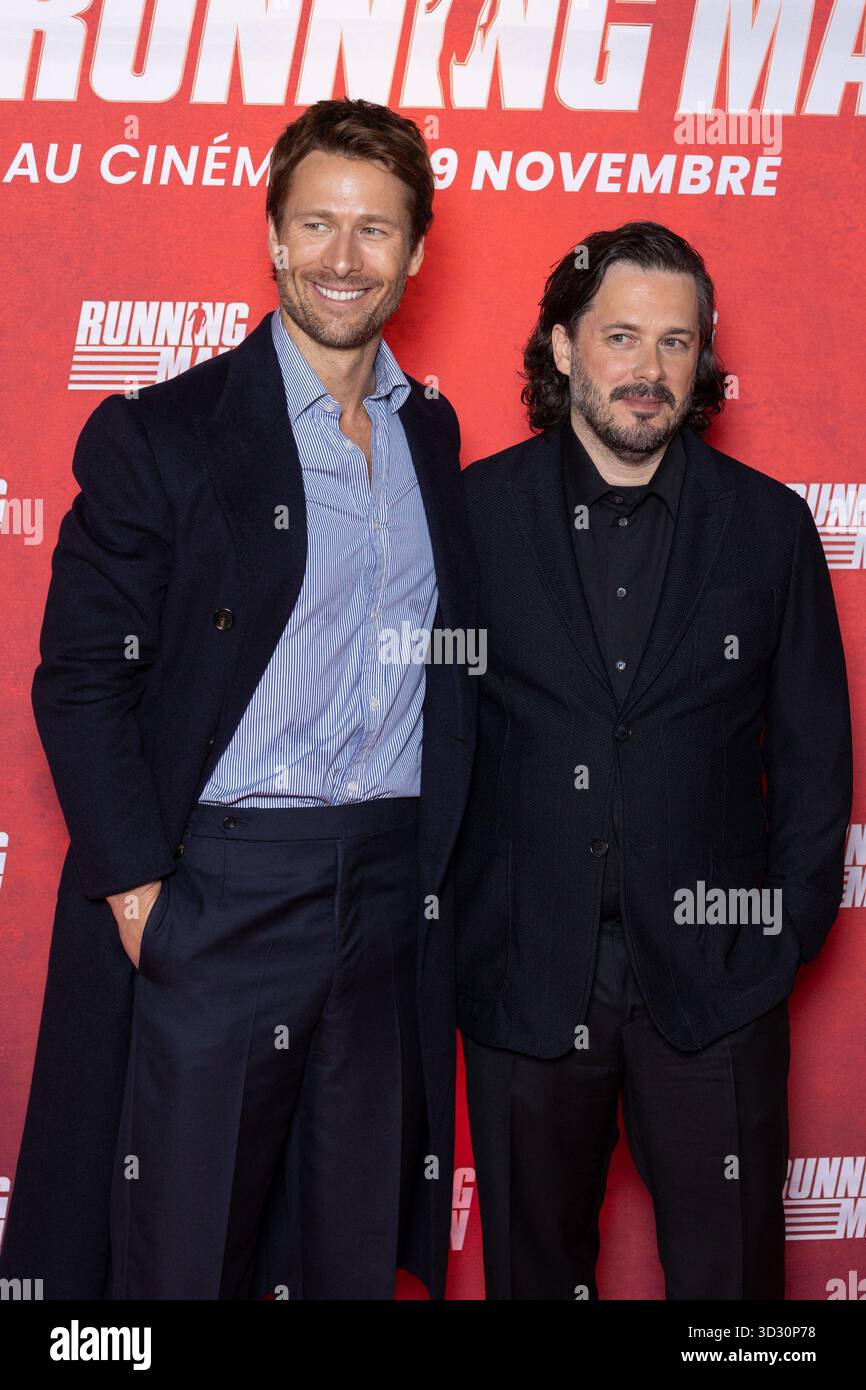 Glen Powell and Edgar Wright attends 'Running Man' Paris Film Premiere ...
