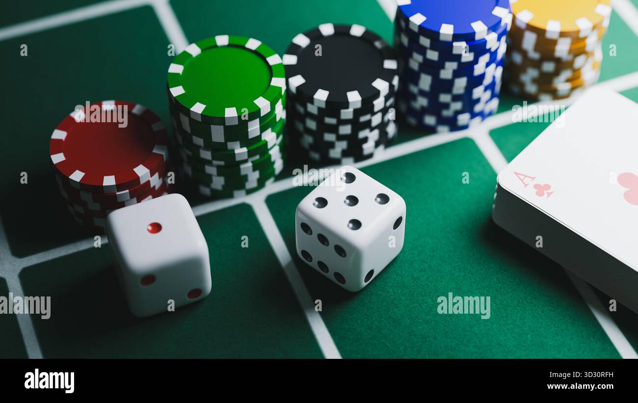 Casino Gambling Concept: Dice, Poker Chips, and Ace Card on Green Felt ...