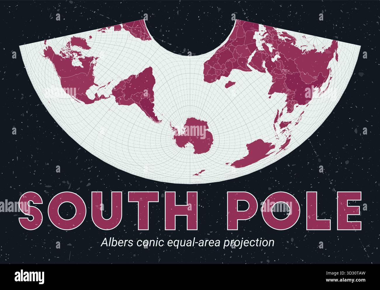 South Pole. World map. Albers conic equal-area projection centered to ...