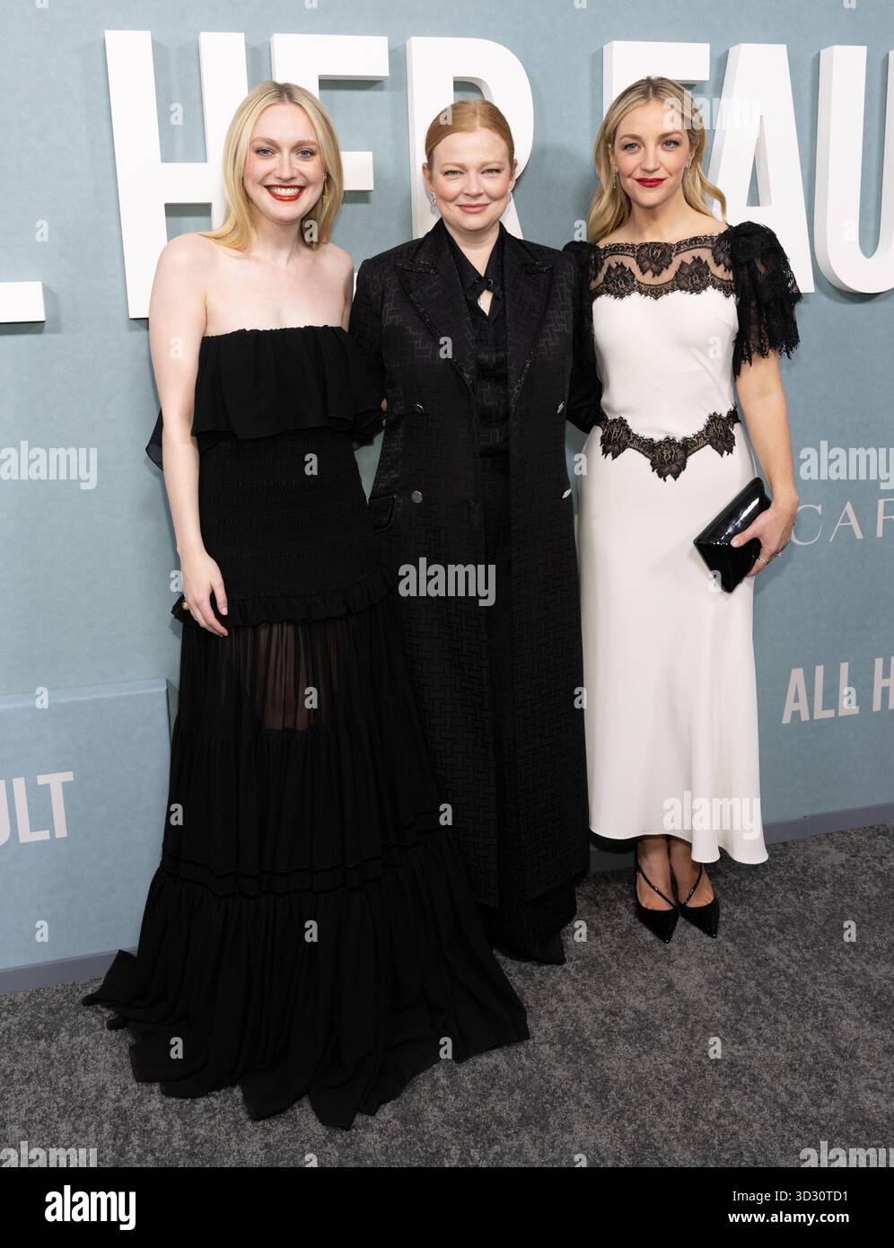 Dakota Fanning, from left, Sarah Snook, and Abby Elliott attend the ...
