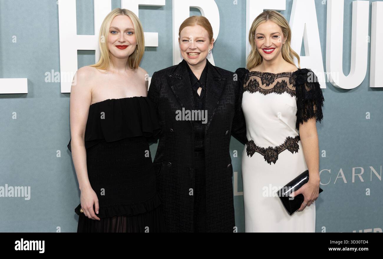 Dakota Fanning, from left, Sarah Snook, and Abby Elliott attend the ...