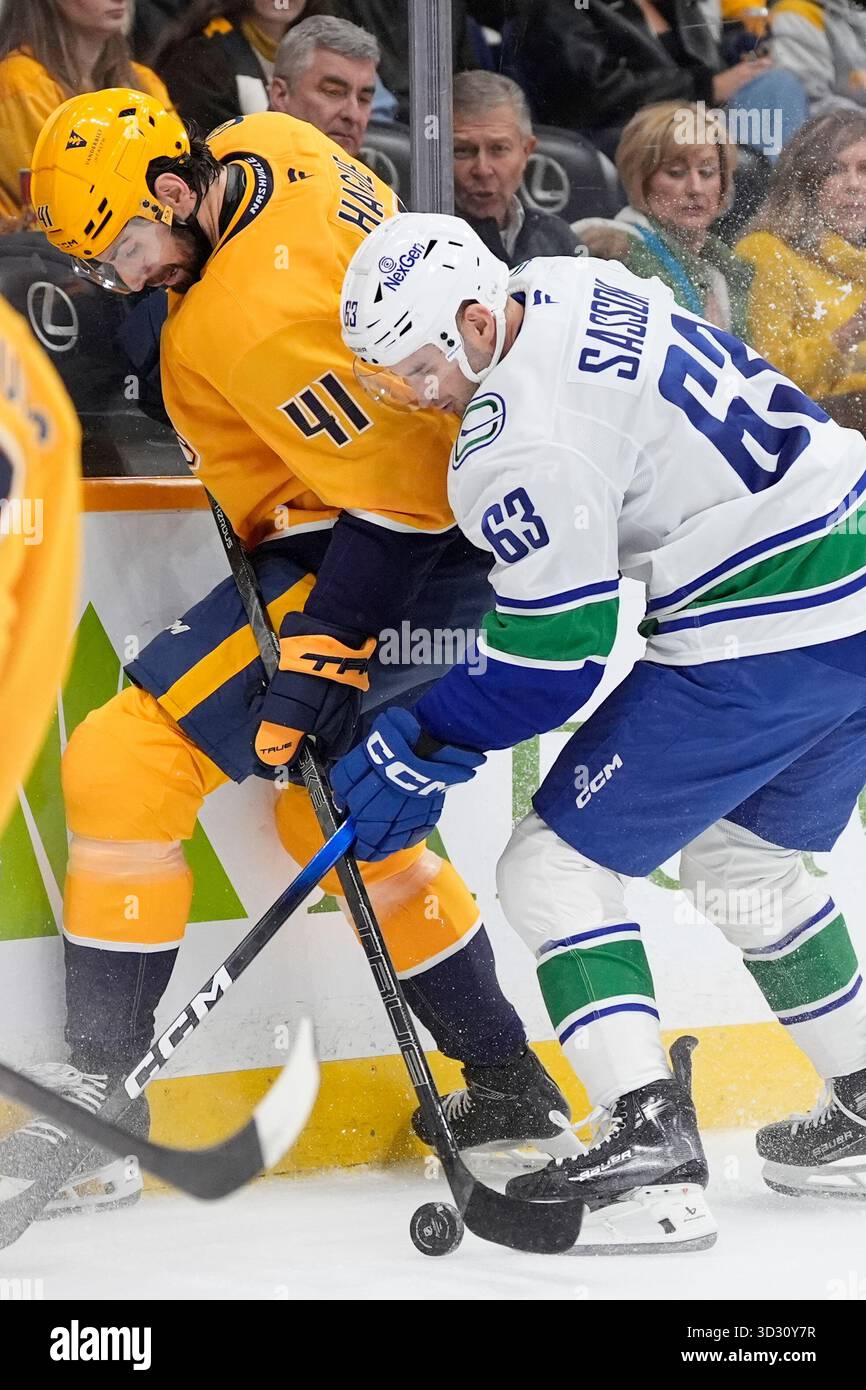 Nashville Predators defenseman Nicolas Hague (41) and Vancouver Canucks ...