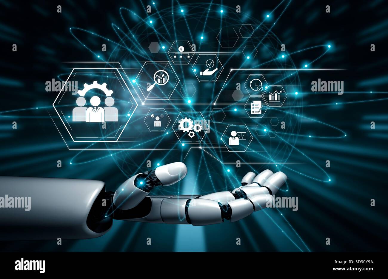 AI optimizing business management system, enhancing productivity, tracking progress, analyzing ...