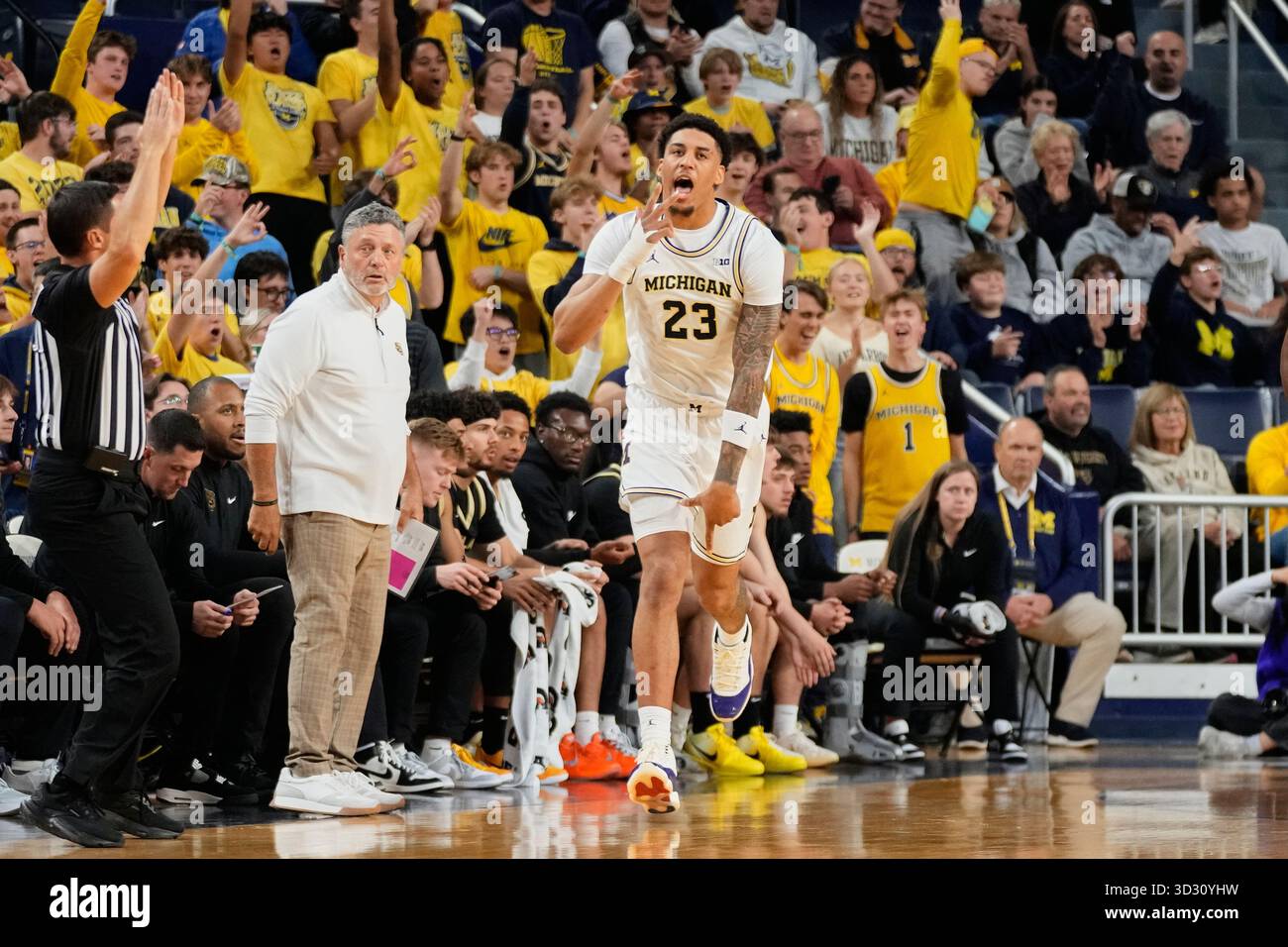 Michigan forward Morez Johnson Jr. reacts after a three-point basket ...