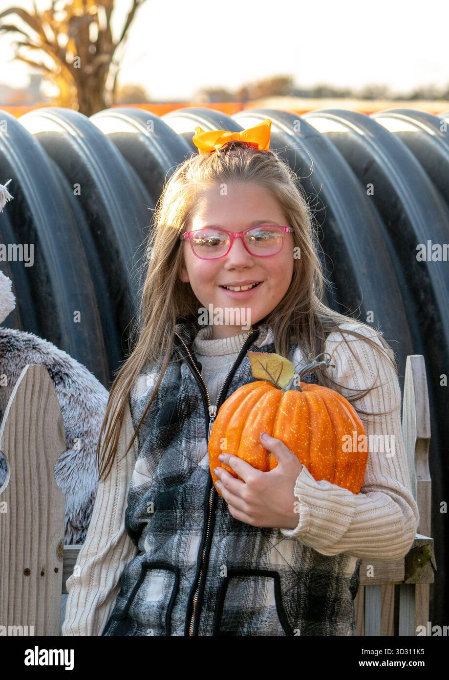 Smiling girl holds a small pumpkin for Halloween Stock Photo - Alamy