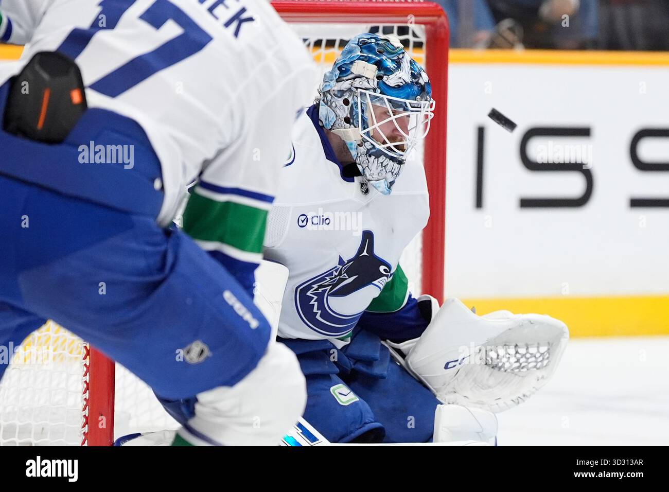 Vancouver Canucks goaltender Thatcher Demko lets a Nashville Predators ...
