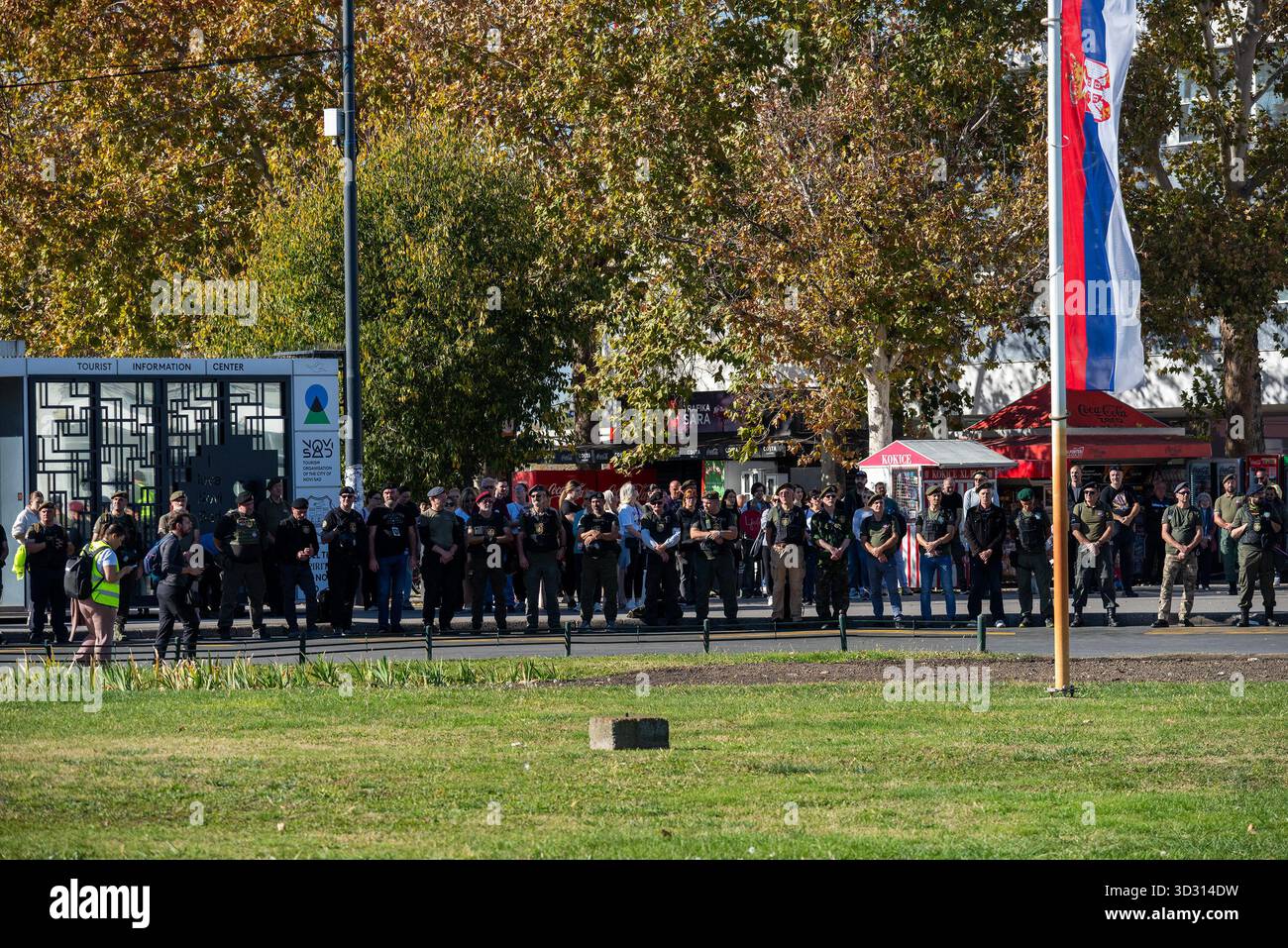 Serbian army veterans stand in a line during the commemoration outside ...