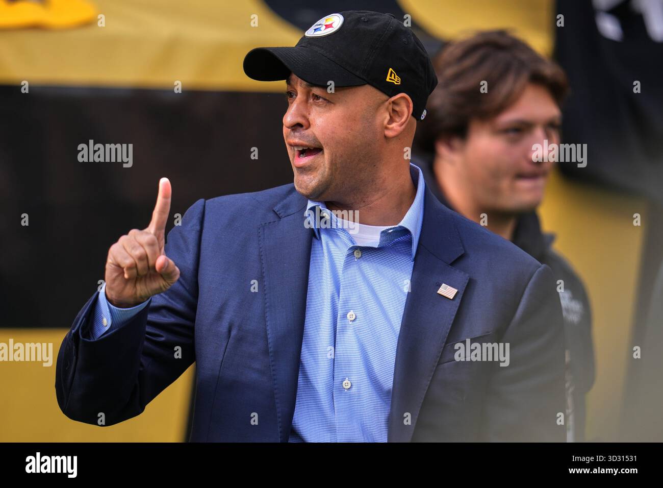Pittsburgh Steelers general manager Omar Khan gestures to fans during ...