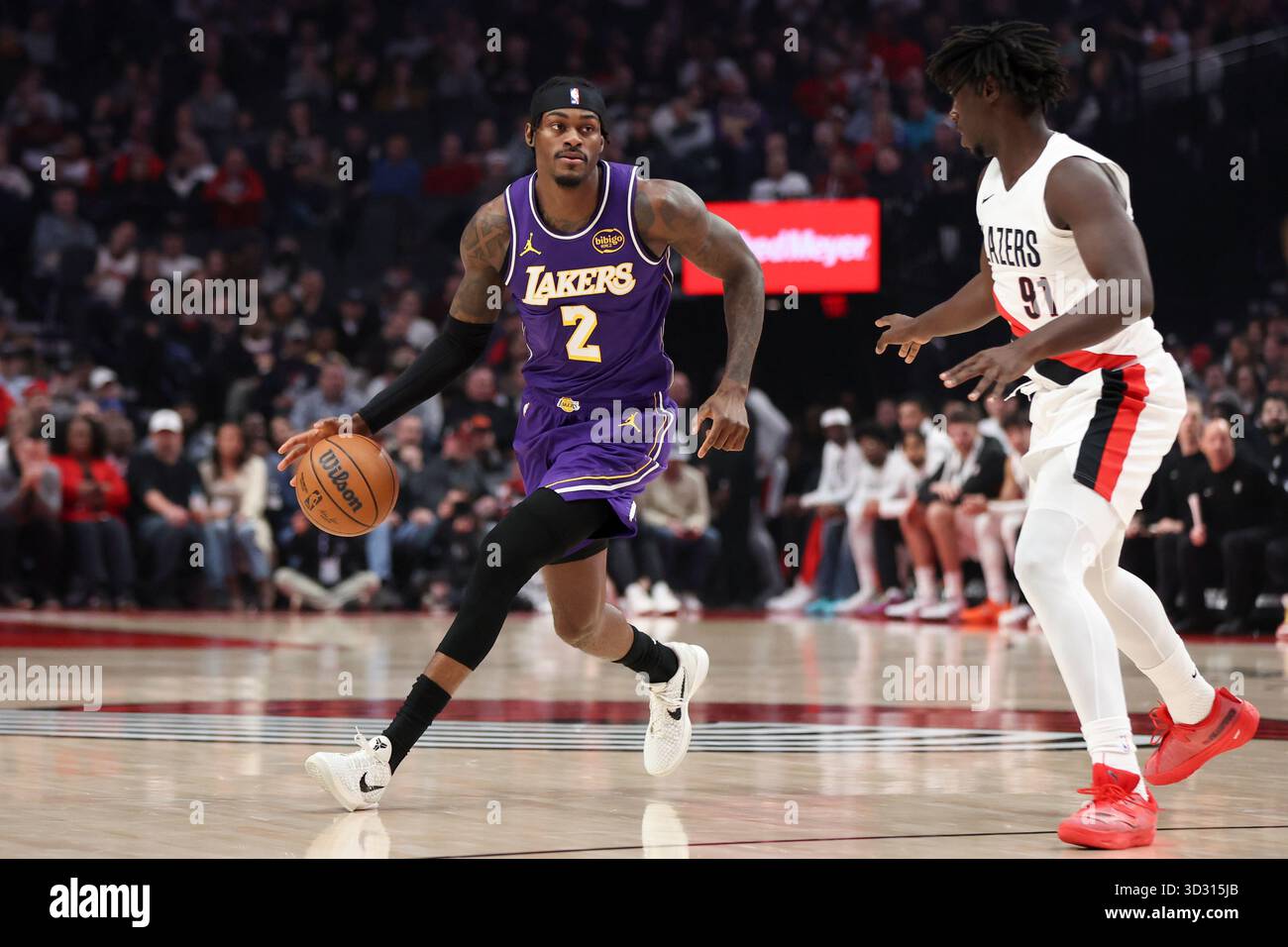 Los Angeles Lakers forward Jarred Vanderbilt (2) brings the ball ...