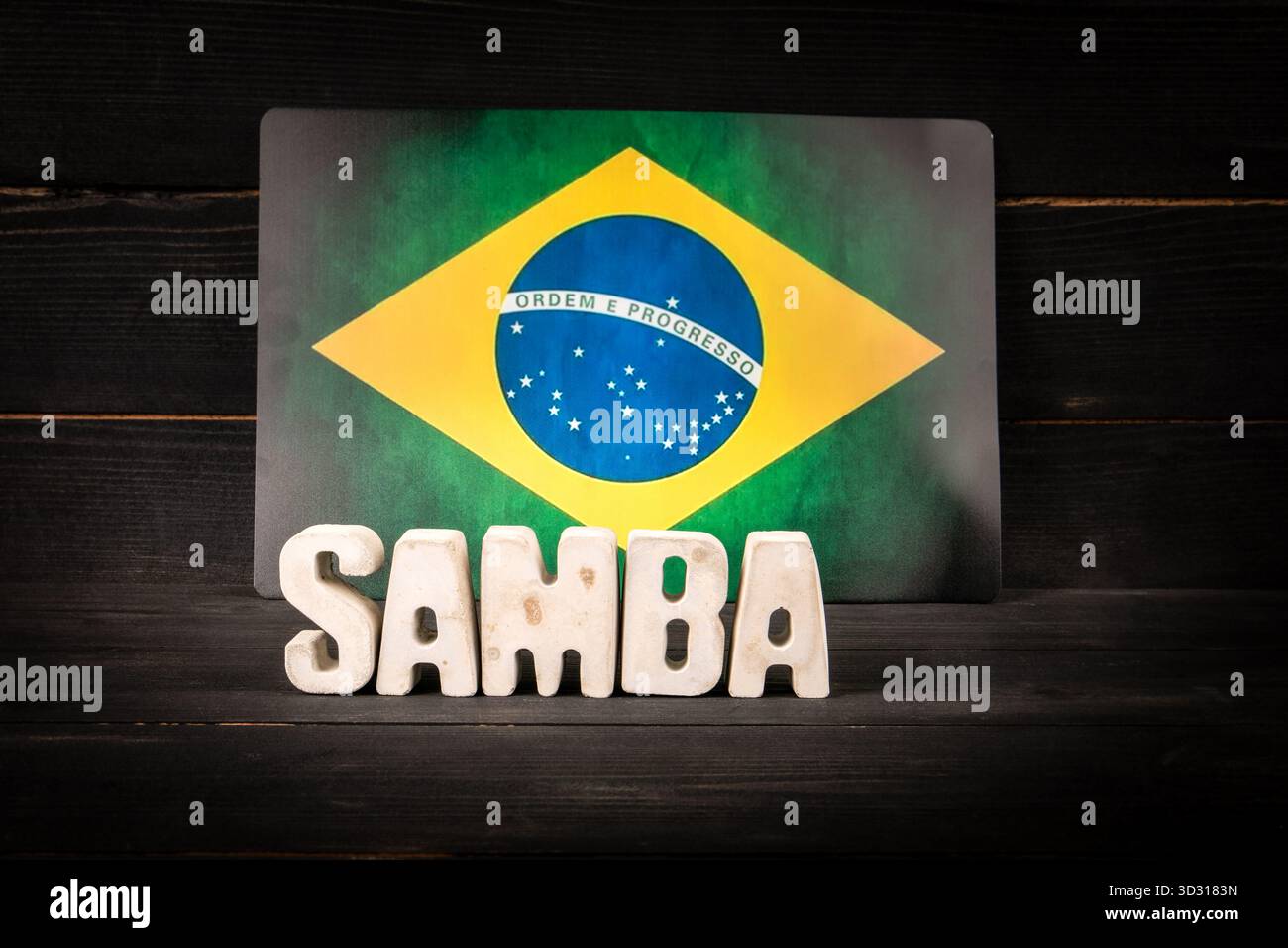Brazilian national flag with the word SAMBA in bold letters ...