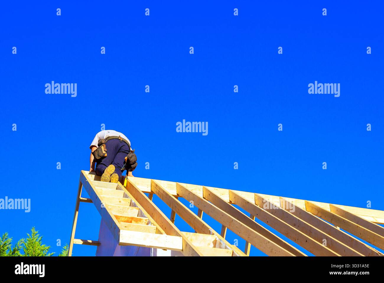 Worker is installing adding wooden rafters to roof under construction ...