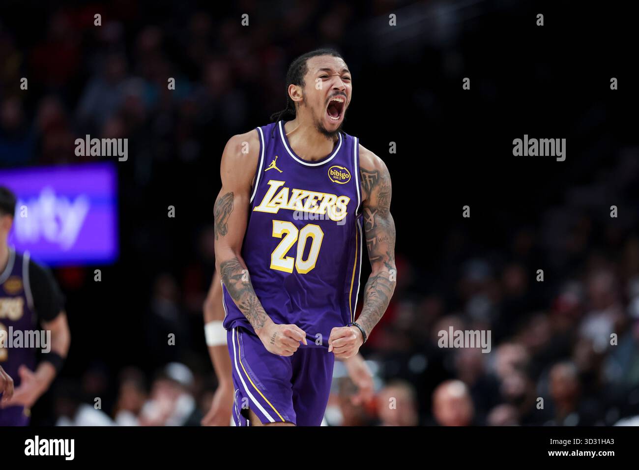 Los Angeles Lakers guard Nick Smith Jr. (20) reacts during the second ...