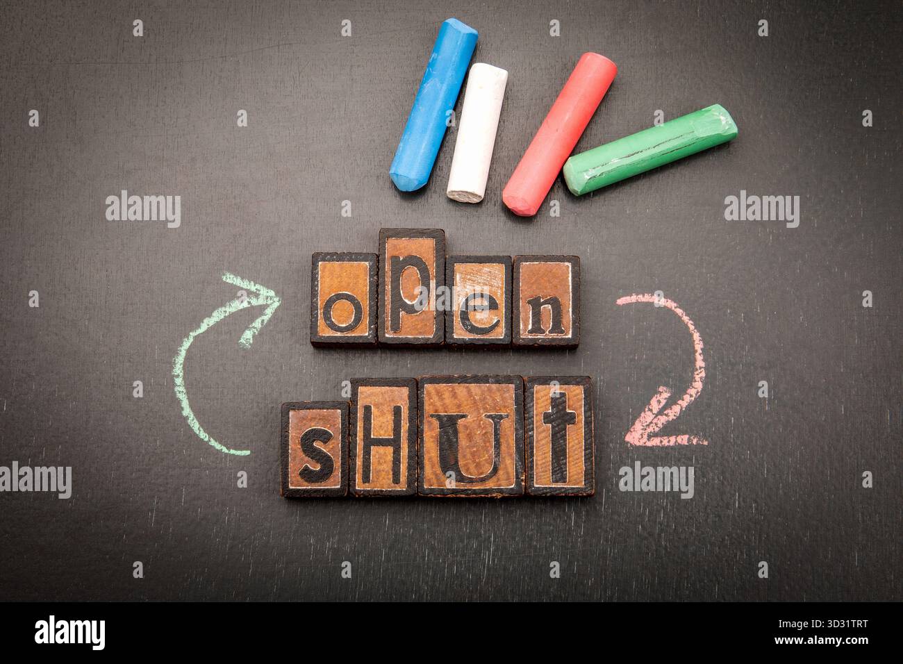 Wooden blocks spelling Open and Shut with chalk arrows and colorful ...