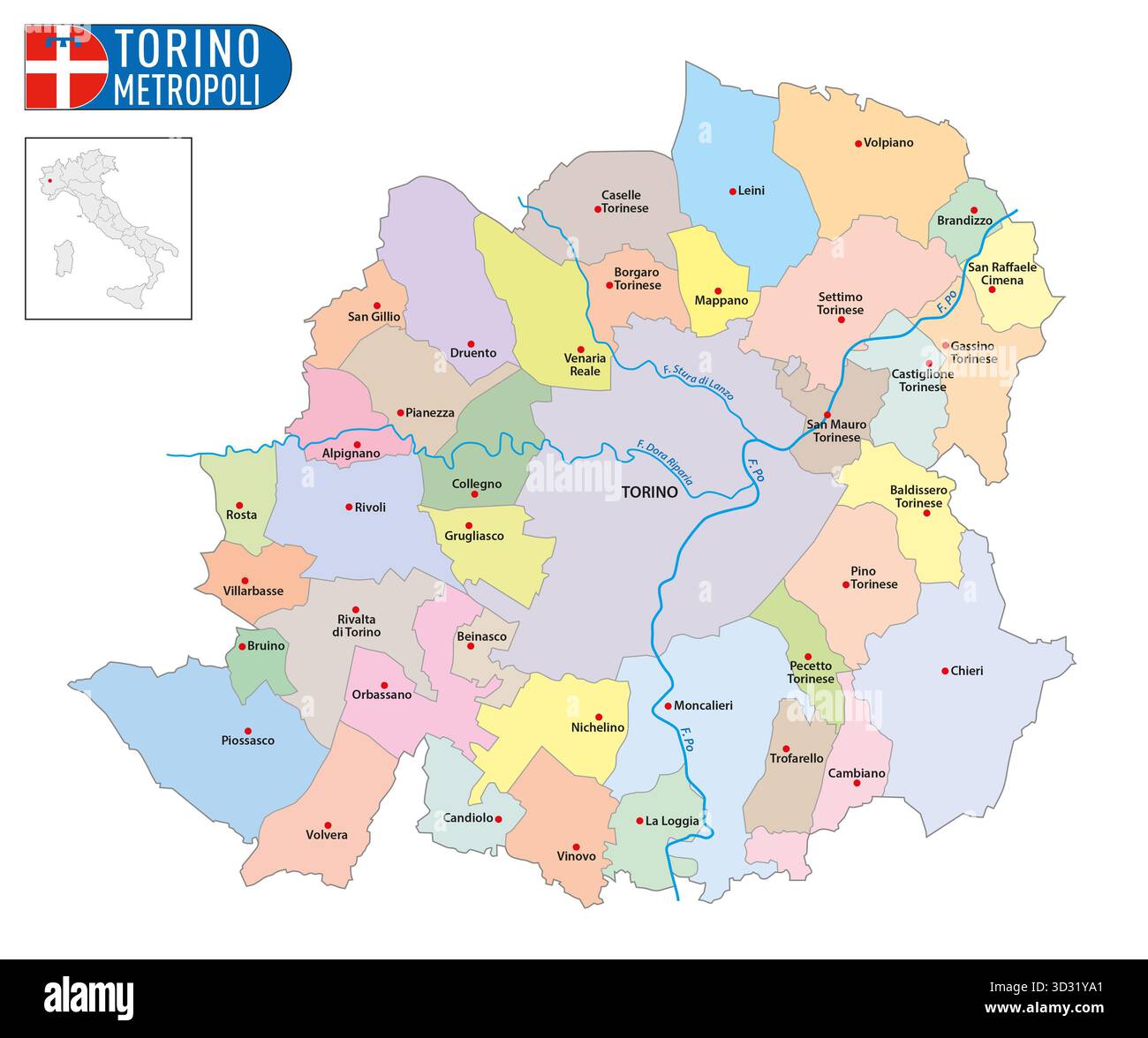 Administrative map of the Metropolitan City of Turin, Piedmont, Italy ...