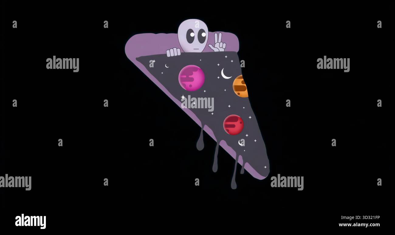 Showing pizza slice glowing with starry core on black, purple rim ...
