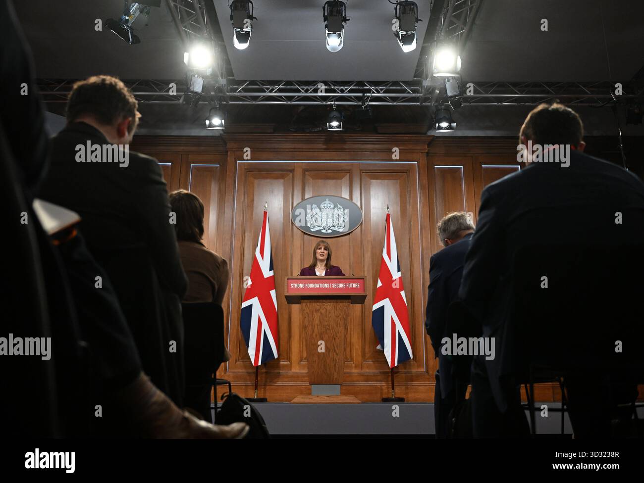 Chancellor Rachel Reeves delivers a speech in the media briefing room ...