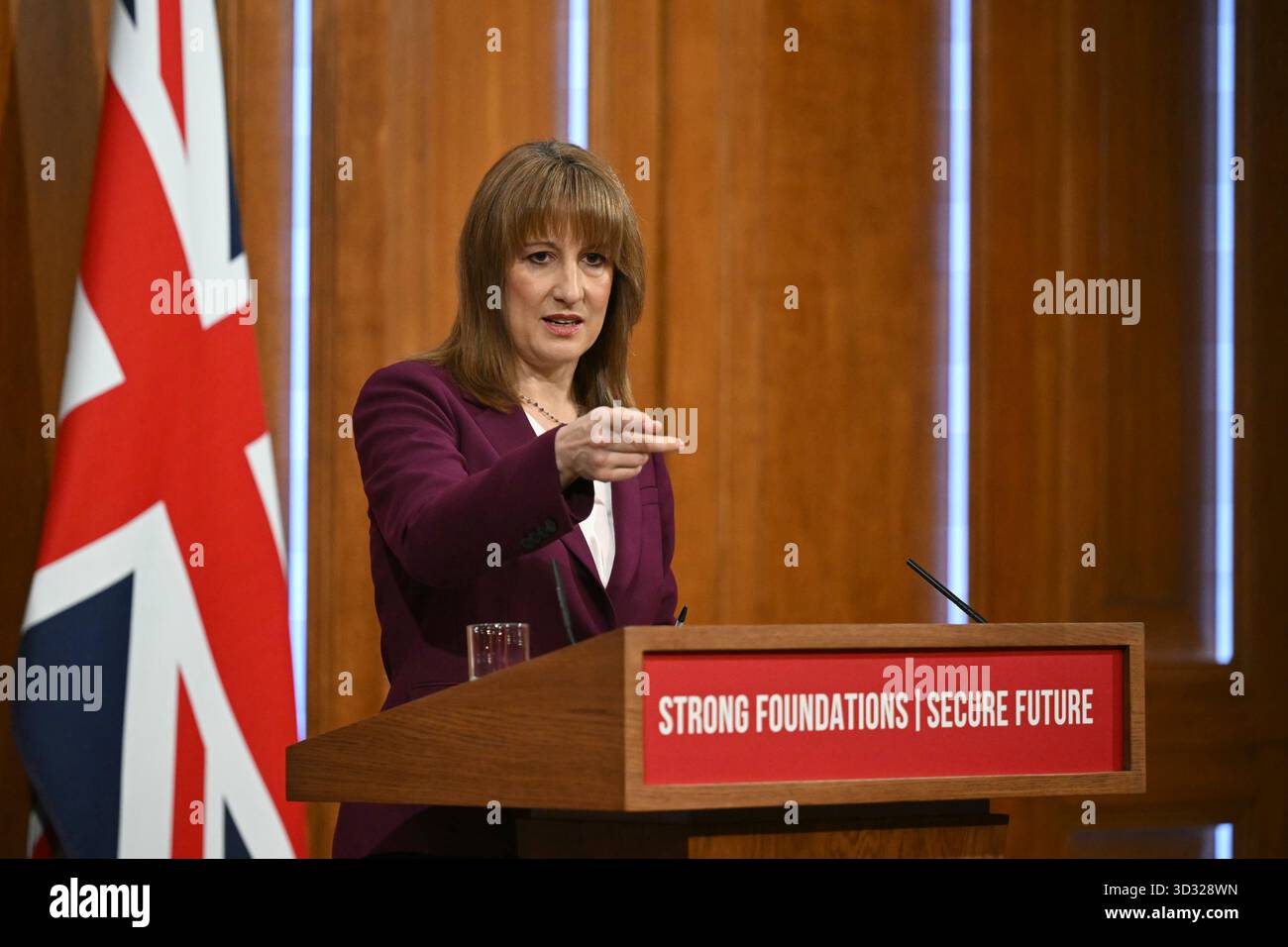 Britain's Chancellor of the Exchequer Rachel Reeves takes journalists ...