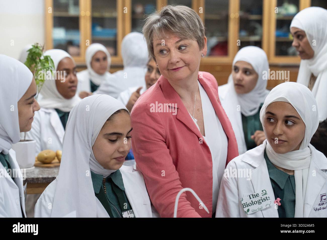 Foreign Secretary Yvette Cooper meets Palestinian refugee students at Marka Prep School in Amman ...