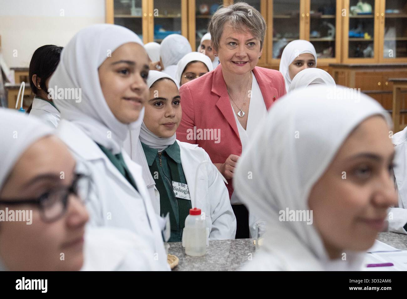 Foreign Secretary Yvette Cooper meets Palestinian refugee students at Marka Prep School in Amman ...
