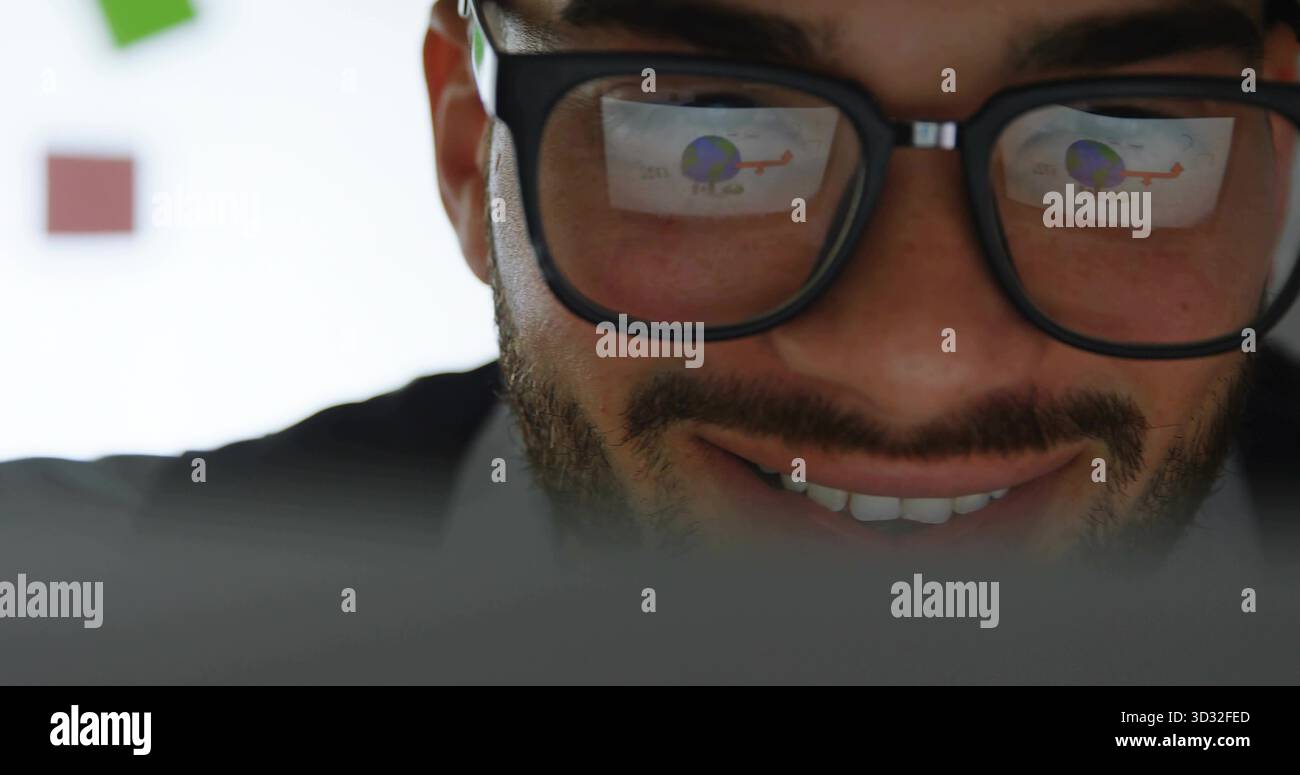 Inspecting laptop screen through glasses in office, with pie chart and ...