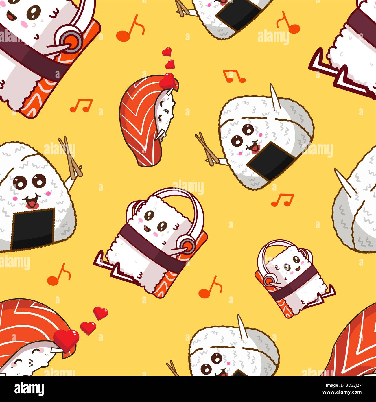 Happy Sushi Friends Grooving to Music Seamless Pattern Vector ...
