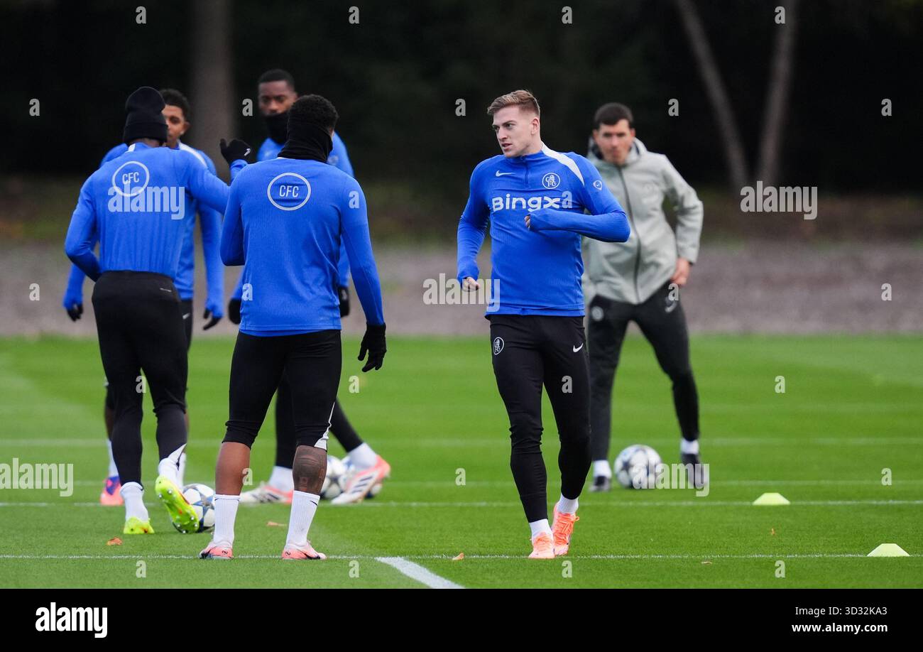 Chelsea's Liam Delap during a training session at Cobham Training ...