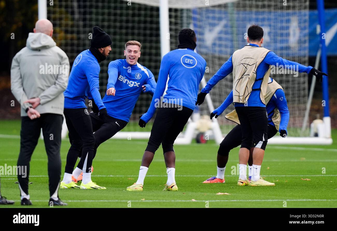 Chelsea's Liam Delap during a training session at Cobham Training ...