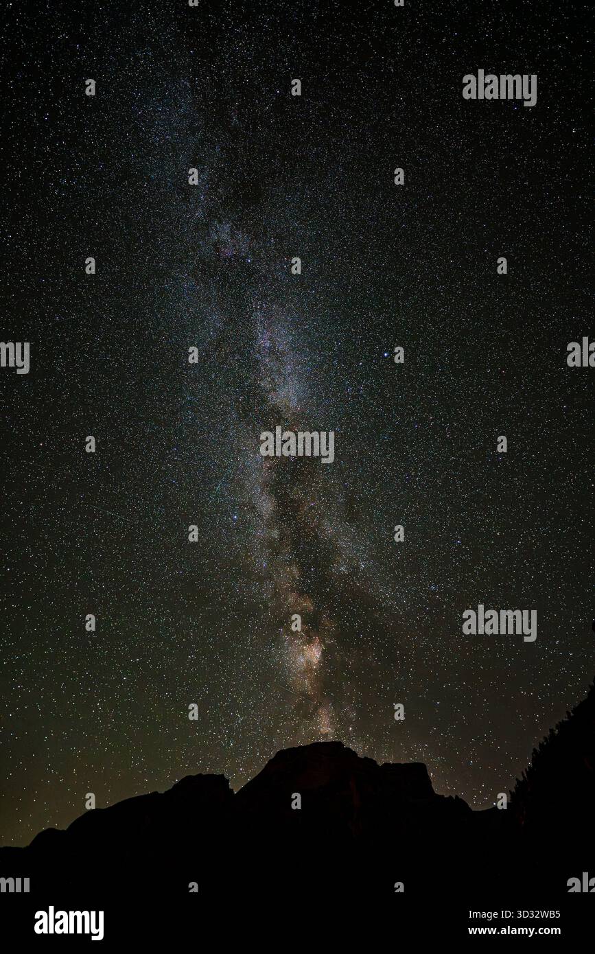 Milky Way in the starry sky above Lago di Braies in South Tyrol, Italy ...