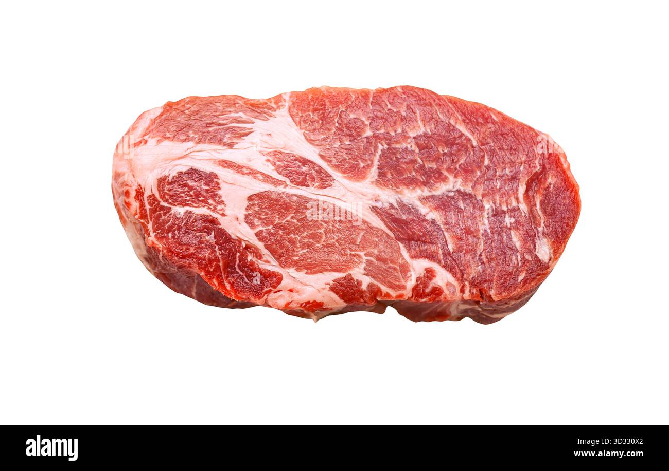 Slice of pork meat with fat isolated on white, top view, clipping path ...