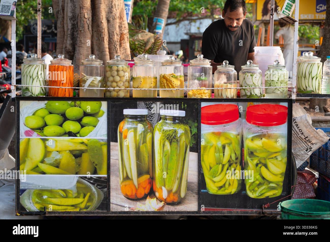 Kiosk with pickled vegetables and fruits, market stall in street of ...