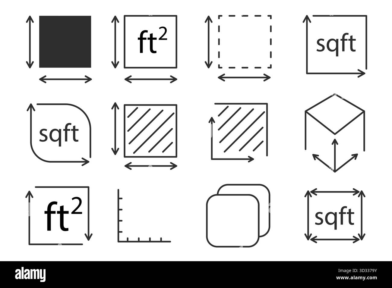Area measurement square line icon. Square foot ft size, space length ...