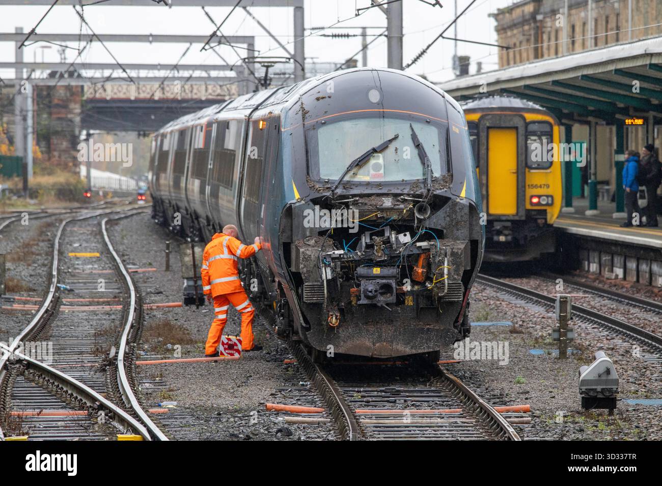 Carlisle Station, England, UK. 4th November 2025. The damaged train ...