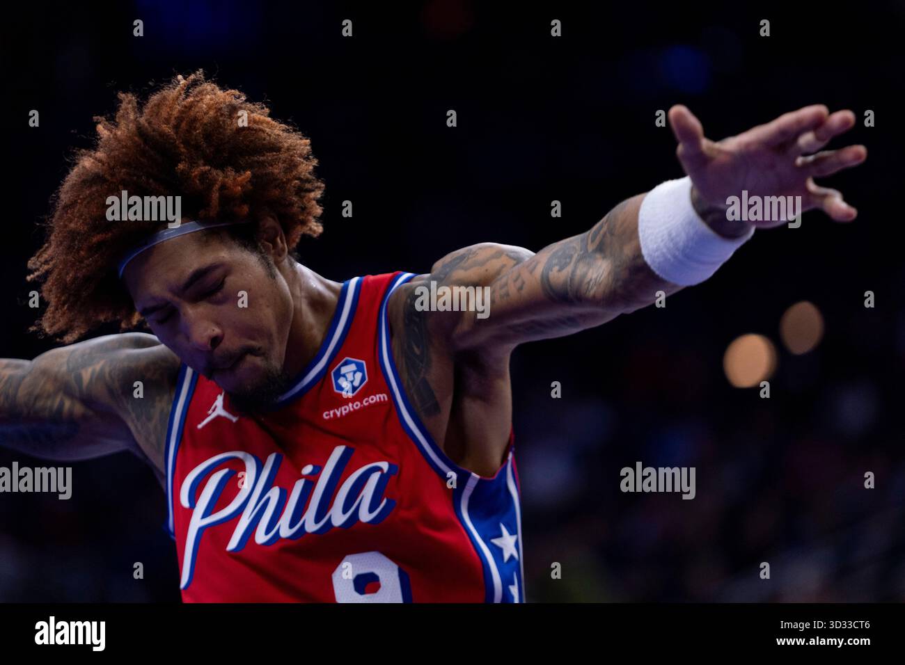Philadelphia 76ers' Kelly Oubre Jr. reacts during an NBA Cup basketball ...