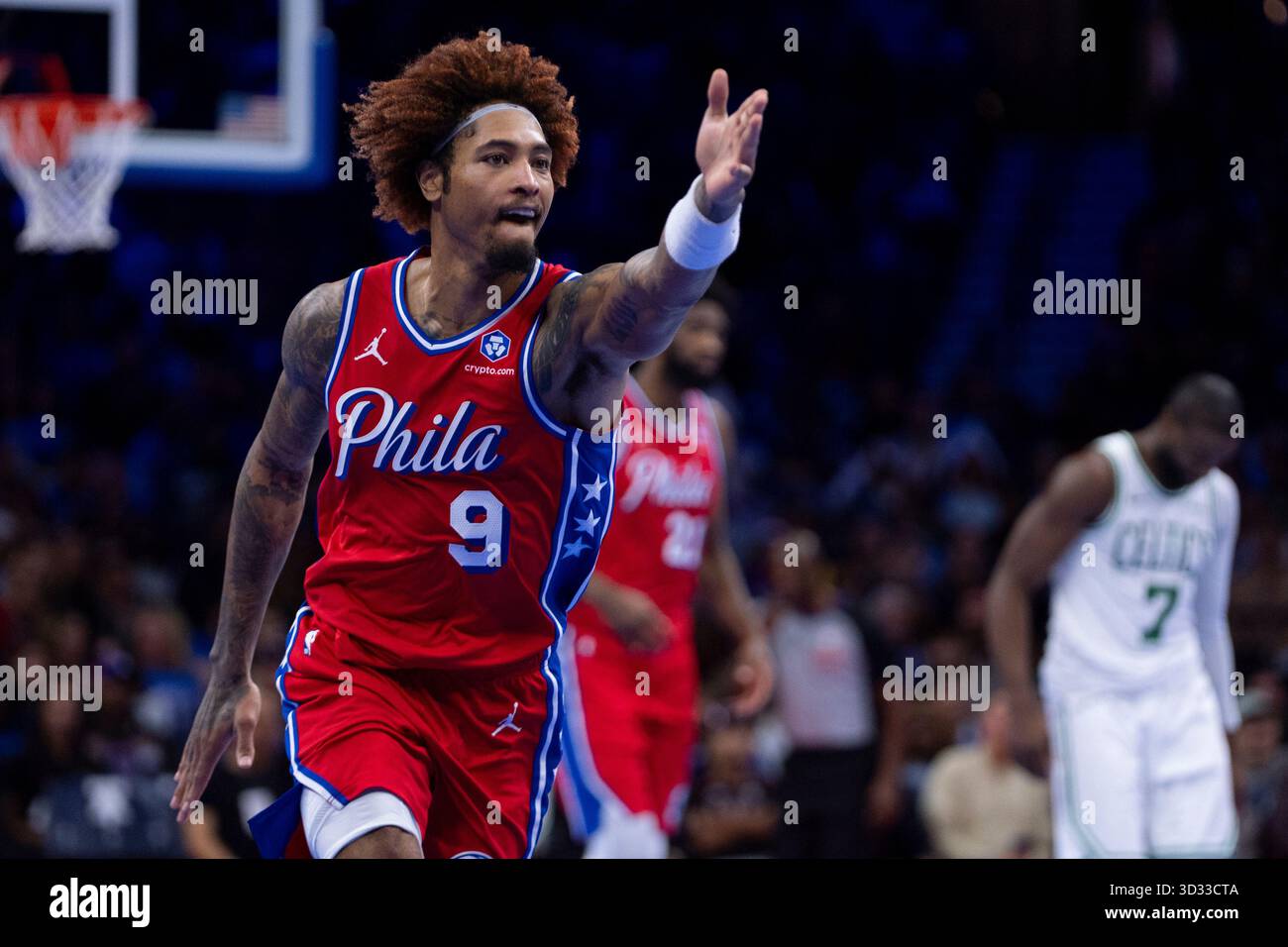 Philadelphia 76ers' Kelly Oubre Jr. reacts during an NBA Cup basketball ...