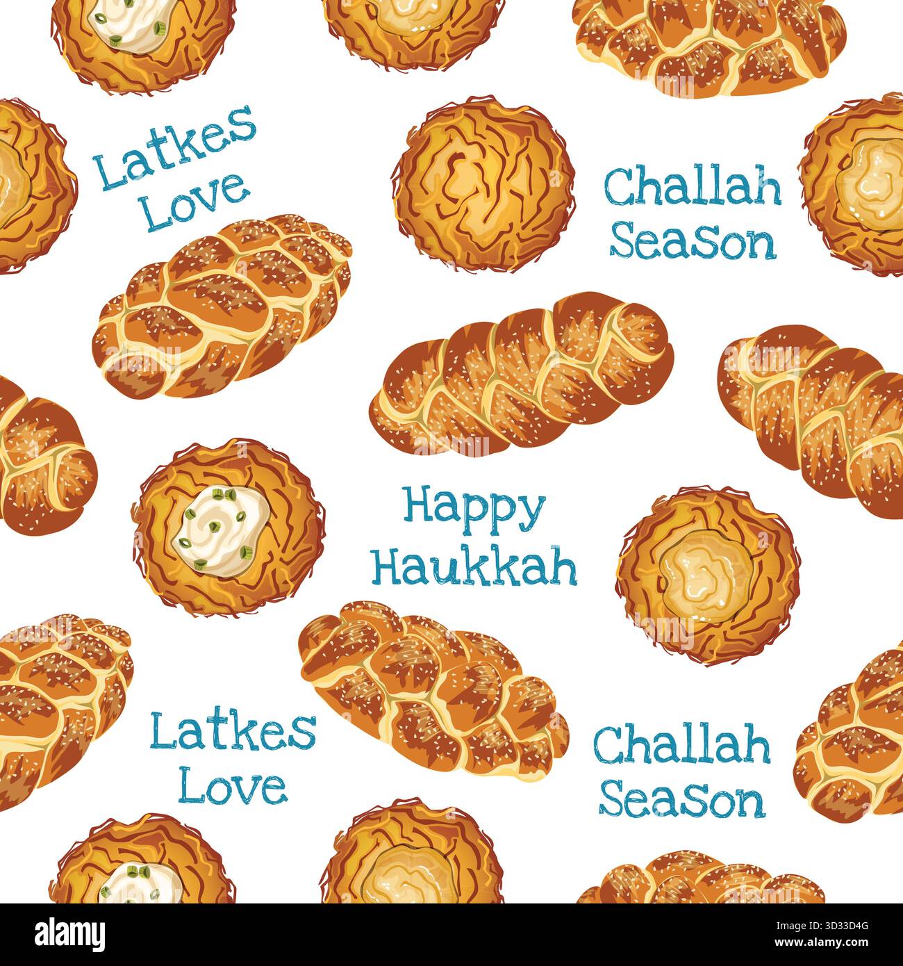 Hanukkah Food Seamless Pattern with Latkes and Challah Braided Bread ...