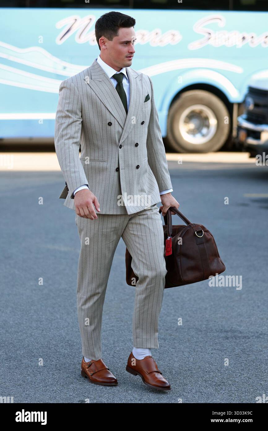 Kansas City Chiefs punter Matt Araiza (14) arrives at the stadium an ...